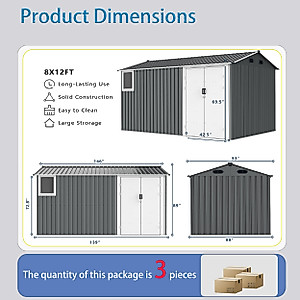 Schuppen Mit Fenstern, 8x12ft Doppelt Verschlossenes Metall-gartenhaus, Werkzeugschuppen-abstellraum Im Freien Mit Schrägdach, Für Hinterhof, Garage, Rasen, Grau