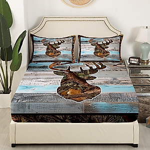 Erosebridal Rustic Cabin Bedding Set Twin Teen Boys Hunting Camo Deer Fitted Sheet Country Farmhouse Woodland Animal Barn Door Bed Sheets,Trees Branches Leaves Camouflage Sheets 1 Pillow Case