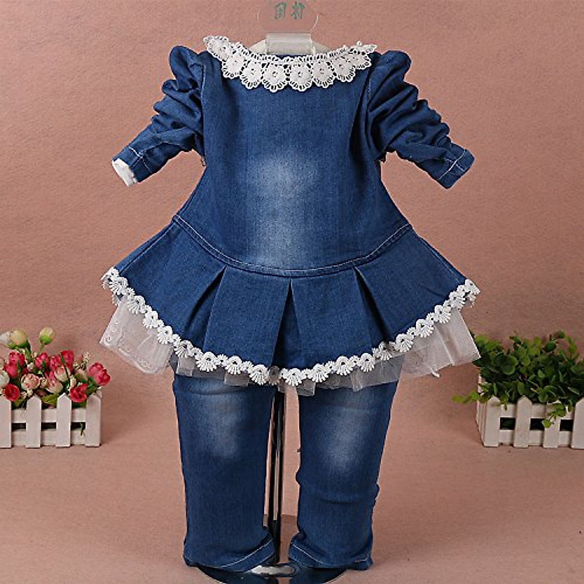 Yao 6M-4Y Infant 3Pcs Baby Girls Clothes Set Toddler Outfits Lace Dress Jacket and Jeans (3-4Y,Flower-White)