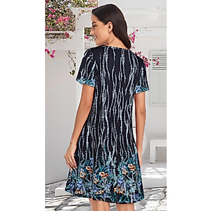 Plus Size Summer Dress for Women Flowy Loose Swing Casual Sundresses Round Neck Sleepwear with Pockets（Black Flower,L）