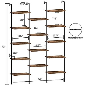 Tohomeor Triple Wide Bookshelf Wall Mounted 5-Tiers Ladder Book Shelf Industrial Wooden and Metal Bookshelf Open Display Storage Rack for Living Room Bedroom Home Office (Rustic Brown, Large)