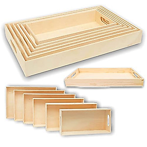 6 Piece Nested Serving Trays Set of Rectangular Shape Wood Trays Ideal for Crafts /School with Easy Cut Out Handles Ideal Kitchen Nesting Trays for Snacks, Treats, Organization, Personalise and DIY