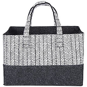 Herringbone Felt Essential Storage Tote; Gray, White; Collapsible; Two Handles; 15 in x 10 in x 10 in