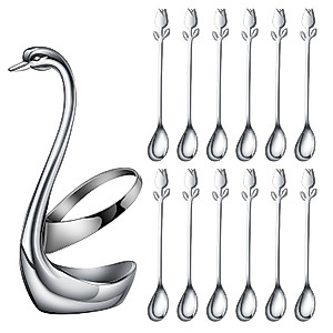 SGVRPVZ Silver Small Coffee Spoon Holder Set,Swan Base With 12 Pcs Demitasse Espresso Spoons Set,6" Mini Tulip/Rose Dessert Spoon,Stainless Steel Tea Spoons