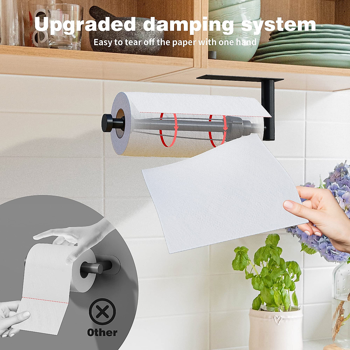 DEKAVA Paper Towel Holder Under Cabinet, Adhesive Paper Towel Holder Wall Mount with Damping Effect for Kitchen