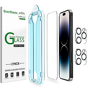 amFilm Screen Protector OneTouch Compatible for iPhone 14 Pro Max (6.7") 2022 with Camera Lens Protector, Easiest Installation, Dynamic Island Compatible, Bubble Free, Tempered Glass, 2+2 Pack