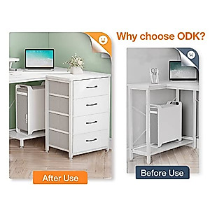 ODK 63 inch L Shaped Computer Desk with USB Charging Port & Power Outlet, L-Shaped Corner Desk with 4 Tier Drawer & Monitor Shelf for Home Office Workstation, Modern Style Writing Table, White