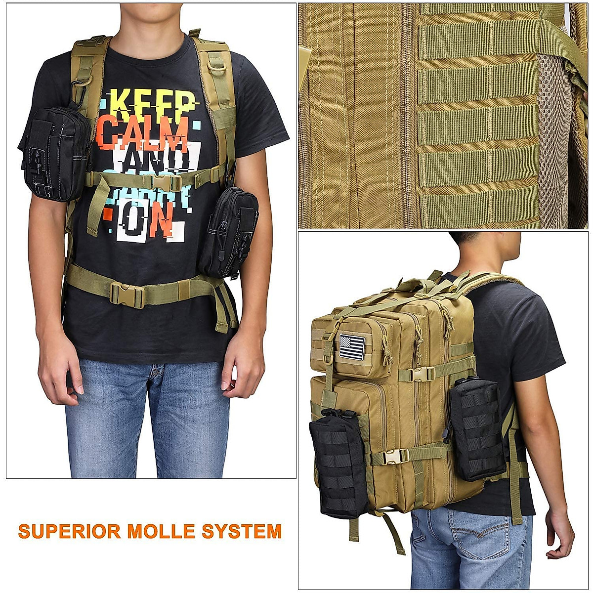 Prospo 40L Military Tactical Shoulder Backpack Assault Survival Molle Bag Pack Fishing Backpack for Tackle Storage (Black + Khaki)