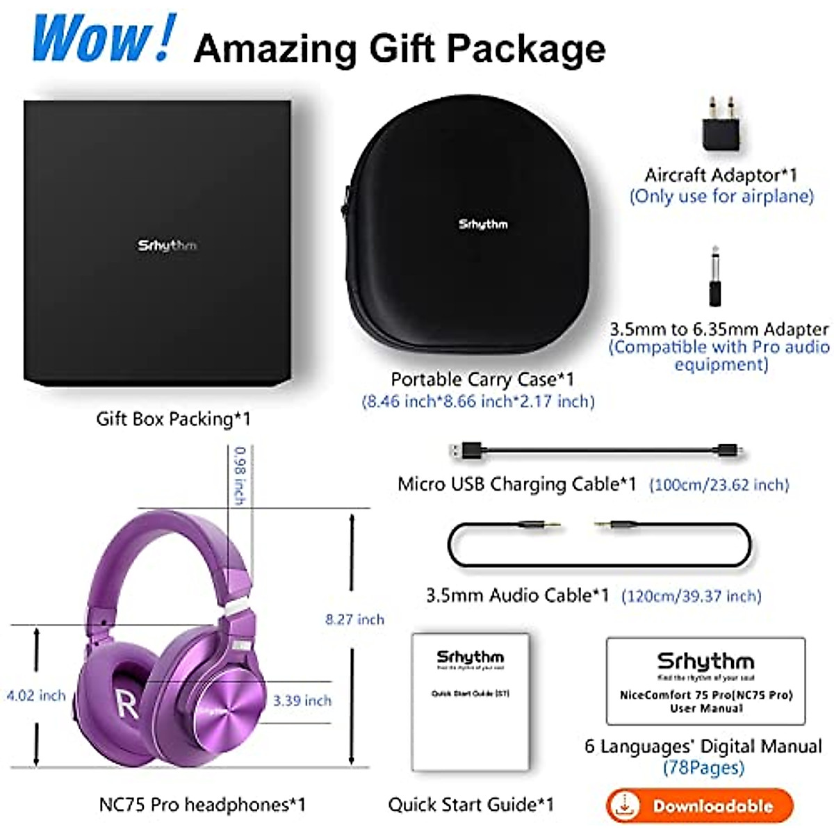 Srhythm NC75 Pro Noise Cancelling Headphones Bluetooth 5.0 Wireless,40H Playtime Headsets Over Ear with Microphones&Fast Charge for TV/PC/Cell Phone