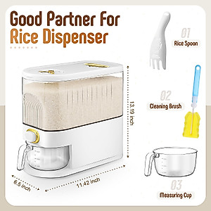 Singhoow 2 Pcs 11lbs Rice Storage Container Large Rice Dispenser with Time Scale Cereal Dry Food Dispenser Rice Holder with Rice Washing Spoon and Cleaning Brush for Kitchen, Clear and Ivory White
