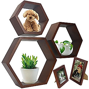Strawbula Hexagon Floating Shelves - Octagon Shelves for Wall with 2 Photo Frames, Set of 3 Hexagon Shelves for Wall, Honey Combs Shelves for Modern Home, Farmouse, Kitchen, Living Room, Office Decor