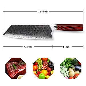 FXFSTEEL Damascus Chef Knife with Premium G10 Handle, 7.5 inch Japanese VG-10 Stainless Steel Santoku Knife Ultrasharp Cleaver for Vegetable Meat Cooking(Red)