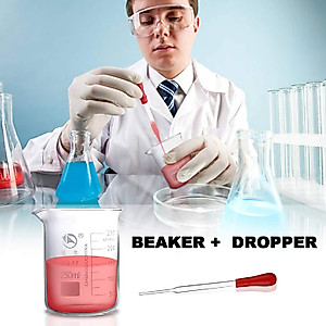 Young4us Glass Beakers, Pack of 6 Low Form Glass Measuring & Glass Droppers Set, 3 Graduated Griffin Beakers in 3 Sizes with Scales, 250ml, 100ml, 50ml, 3 Glass Droppers Without Scales (3ml per Drop)