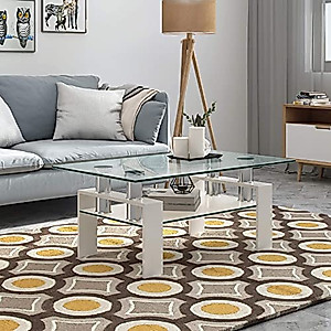 Tangkula Rectangular Glass Coffee Table, Modern Side Coffee Table w/Lower Shelf, Tempered Glass Tabletop & Metal Legs, Suitable for Living Room Office (White)