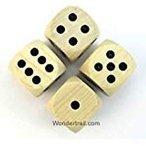 WKP02173E4 Natural Wood Dice with Black Pips D6 30mm (1.18in) Pack of 4 Dice Kaplow Games