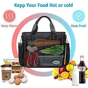 Scorlia Insulated Lunch Bag, Extra Large Lunch Tote Bag With Removable Shoulder Strap, Durable Reusable Cooler lunch Box Bag with Side Pockets, Tall Drinks Holder for Women Men Work, Black