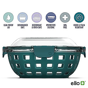 Ello DuraGlass Food Storage Glass Lunch Bowl Container - Meal Prep Container with Silicone Sleeve and Airtight Lid, 5 Cup, Teal