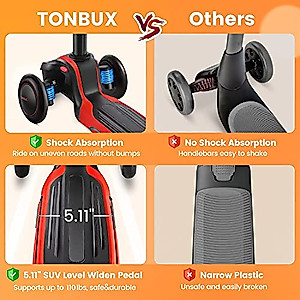 TONBUX Kids Scooter for Age 3-12, Toddler Scooter with 4 Adjustable Heights, Light Up 3-Wheels Scooter, Shock Absorption Design, Lean to Steer, Balance Training Scooter for Kids - Red