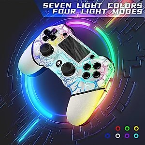 AceGamer Wireless Controller for PS4, White Crack Custom Design with RGB Light,1000mAh Battery and 3.5mm Audio Jack, V2 Gamepad Joystick Compatible with PS4/Slim/Pro and Windows PC! (White-Light Up)