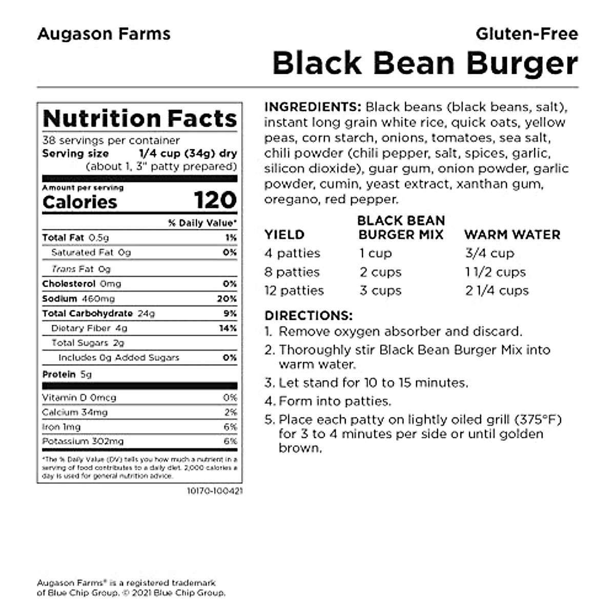 Augason Farms Gluten-Free Black Bean Burger 2 lbs 14 oz No. 10 Can 1 Pack