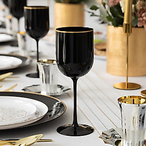 EcoQuality Plastic Black Wine Glasses with Gold Rim - 12 oz Wine Cups with Stem, Disposable Shatterproof Wine Goblets, Reusable, Elegant Drink Cups Tumbler for Weddings, Parties, Receptions (2 PACK)