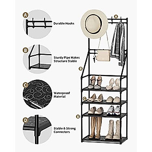 TIMEBAL Shoe Rack Coat Hat Rack, Stackable Shoe Storage Organizer, holds 8 Pair Shoes and Boots and hangs Coats & Hats, Durable Metal Pipes Shoe Shelf Organizer for Entryway, Hallway, Living Room