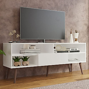 Madesa Modern TV Stand with 1 Door and 4 Shelves with Cable Management for 55, 65 Inch Media Storage Media Console Living Room and Bedroom Entertainment Center Wooden Television Cabinet - White