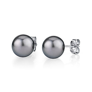 THE PEARL SOURCE 14K Gold 8-9mm Round Silver Tahitian South Sea Cultured Pearl Stud Earrings for Women