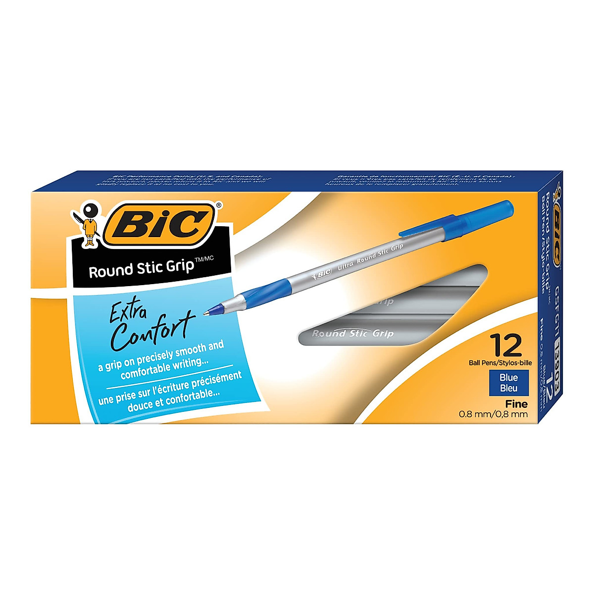BIC GSFG11-Blu Round Stic Grip Xtra Comfort Ball Pen, Fine Point (0.8mm), Blue, 12-Count