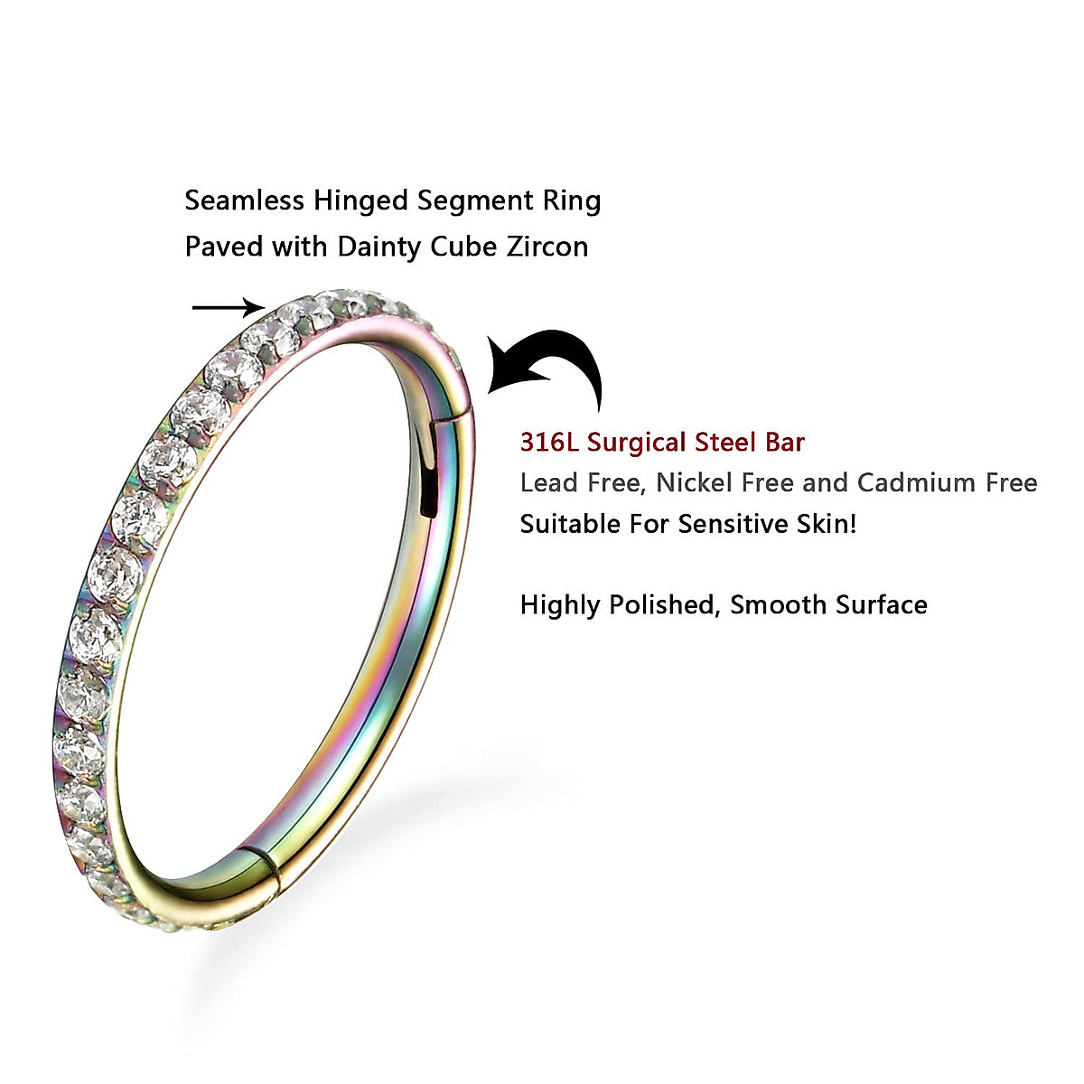 FUNLMO Septum Jewelry Nose Rings Hoop Cartilage Earring Hoop Daith Helix Rook Earrings Septum Helix Tragus Daith Piercing Jewelry Septum Nose Rings CZ 316L Surgical Steel 16G 8mm Rainbow