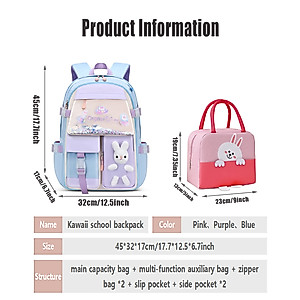 OMGDD 2PCS Kawaii Backpack Set with Lunch Bag,17.7inch Bunny Backpacks for Girls Large Capacity Aesthetic School Bag Cute Bookbags with Beaded Quicksand Pocket & Rabbit Doll,Blue