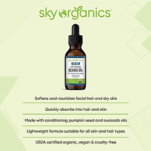 Sky Organics Men's Organic Softening Beard Oil for Face, USDA Certified Organic to Nourish, Condition & Soften, 2 fl. Oz