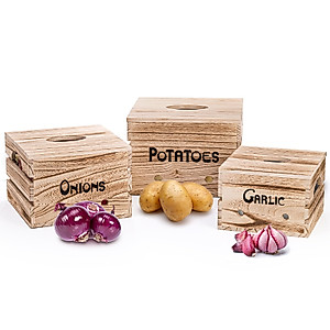 Frcctre 3 Pack Vegetable Storage Bins, Farmhouse Potato Onion Garlic Kitchen Storage Canisters Set, Wooden Stackable Vegetable Keeper with Lid and Aerating Holes for for Pantry Organization