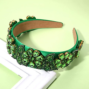 St. Patrick's Day Headbands Crystal Flower Embellished Wide Elastic Headband Green Rhinestone Velvet Hairband for Women Party Fashion Hair Hoop