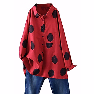 Minibee Women's Button Down Tunic Tops Polka Blouse Cotton Shirts Red M