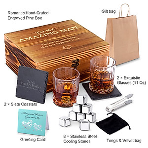 ADEXDO Anniversary Gi fts for Him | Boyfriend | Fiance| Men | Husband, Birthday | Wedding Anniversary | Valentine's Day Gift, 8 Stainless Steel Whiskey Stones & 2 Whiskey Glasses(11oz)