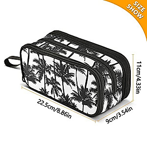 Black Palm Trees Seamless On White Pencil Case, Pen Marker Stationery Bag Holder Pencil Bag Storage Pouch for School College Zipper Pouch Case Office Portable