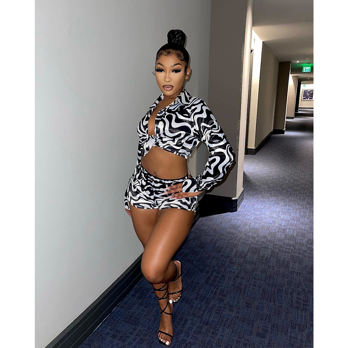 Fastkoala Women's Two Piece Outfits Casual Long Sleeve Shorts Pants Set Sweatsuits Jogging Tracksuit with Pockets Black1 S