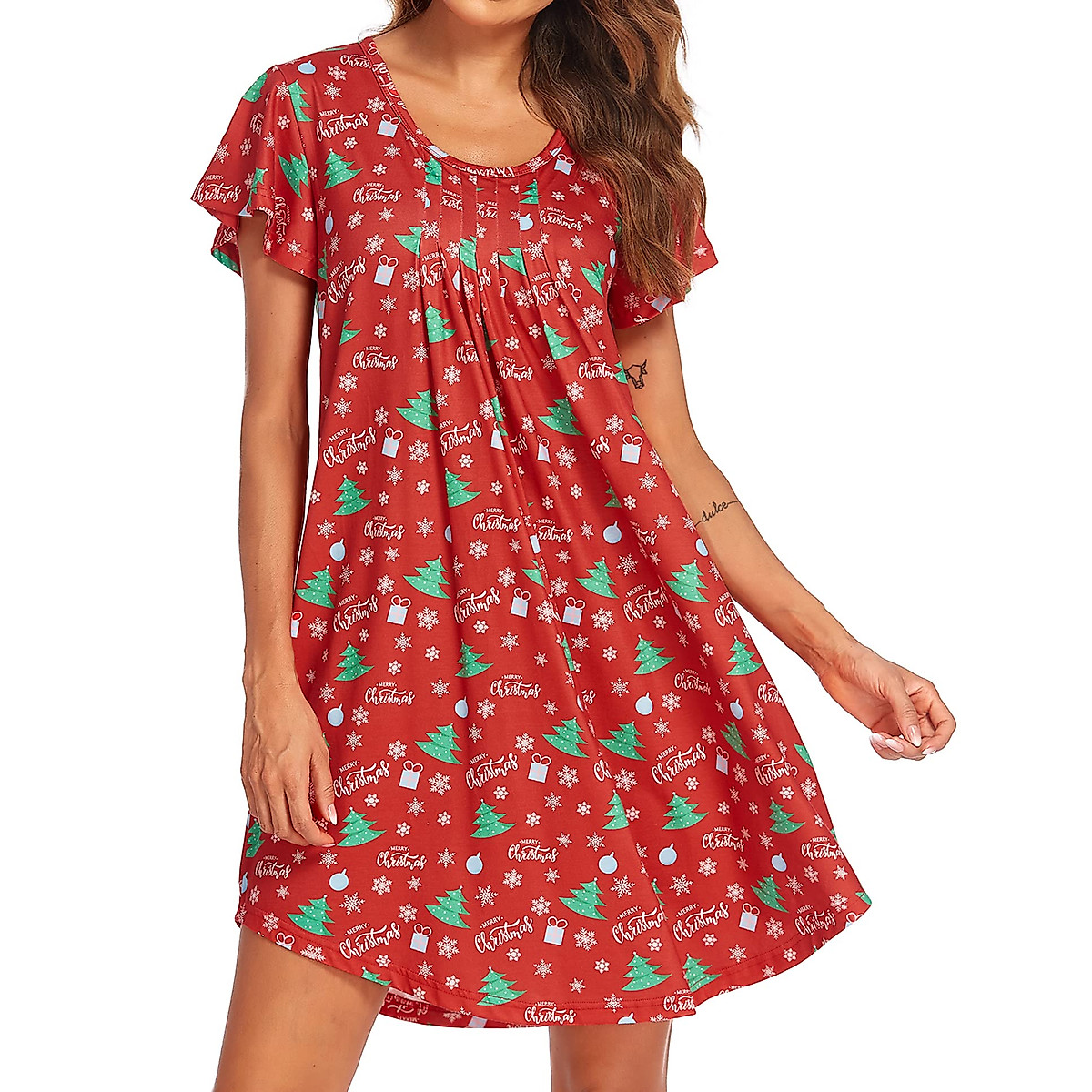 Ekouaer Womens Nightgown Soft Sleepwear Pleated Sleepshirt Sleep Dress Short Sleeve Nightdress Christmas 3XL