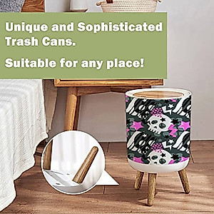 Small Trash Can with Lid Skull funky seamless rough grunge modern design Hipster trendy painted Round Garbage Can Press Cover Wastebasket Wood Waste Bin for Bathroom Kitchen Office 7L/1.8 Gallon