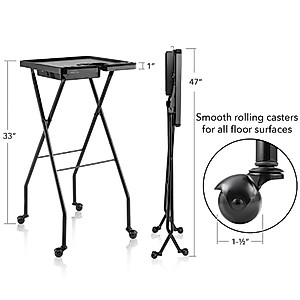 Saloniture Rolling Salon Coloring Tray - Folding Hair Stylist Color Cart with Drawer and Magnetic Bowls, Black