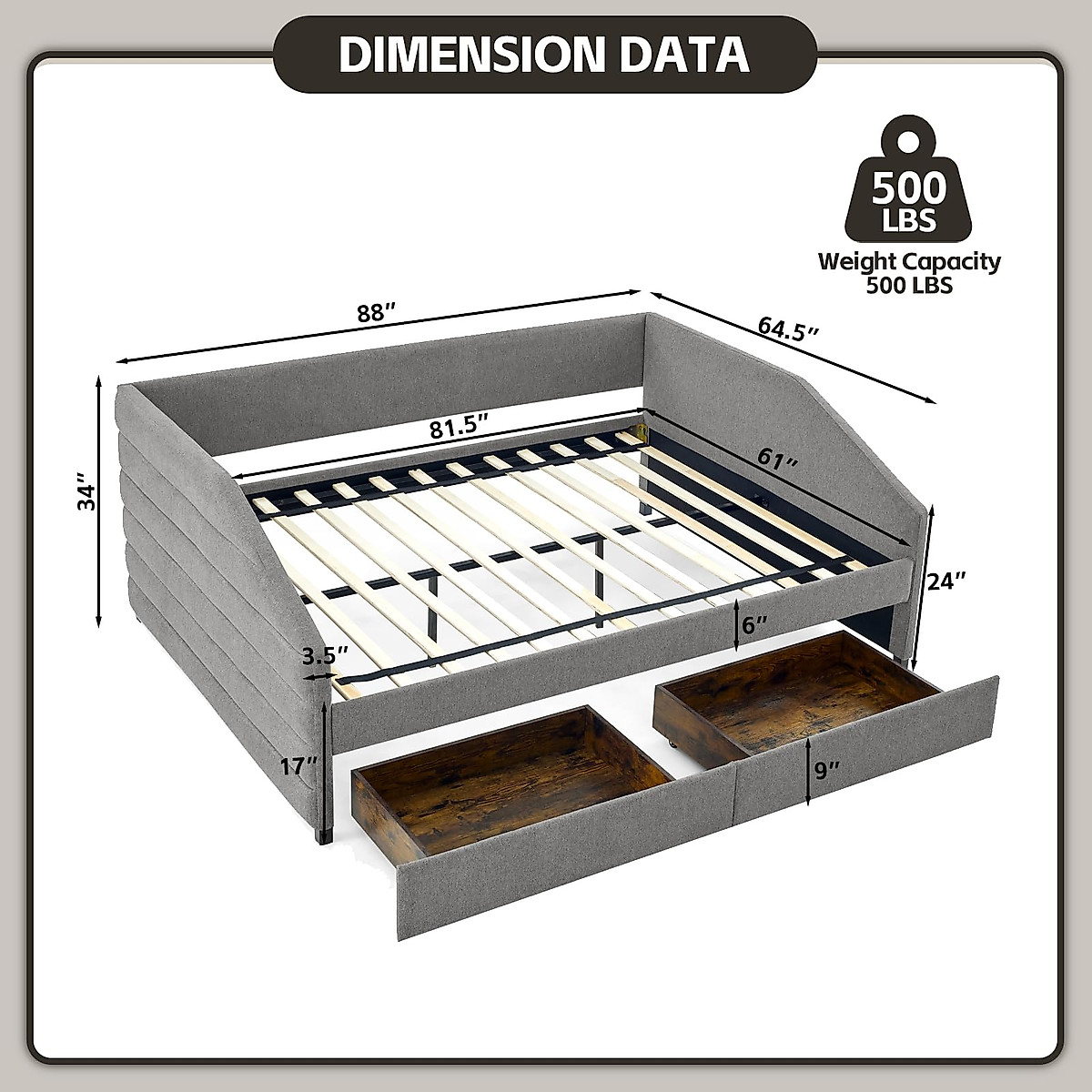 JEEOHEY Queen Size Daybed with Storage, Modern Upholstered Linen Sofa Bed with 2 Pull-Out Drawers for Apartment Living Room Guest Room, Solid Wood Trundle Day Bed Frame, No Box Spring Needed, Grey