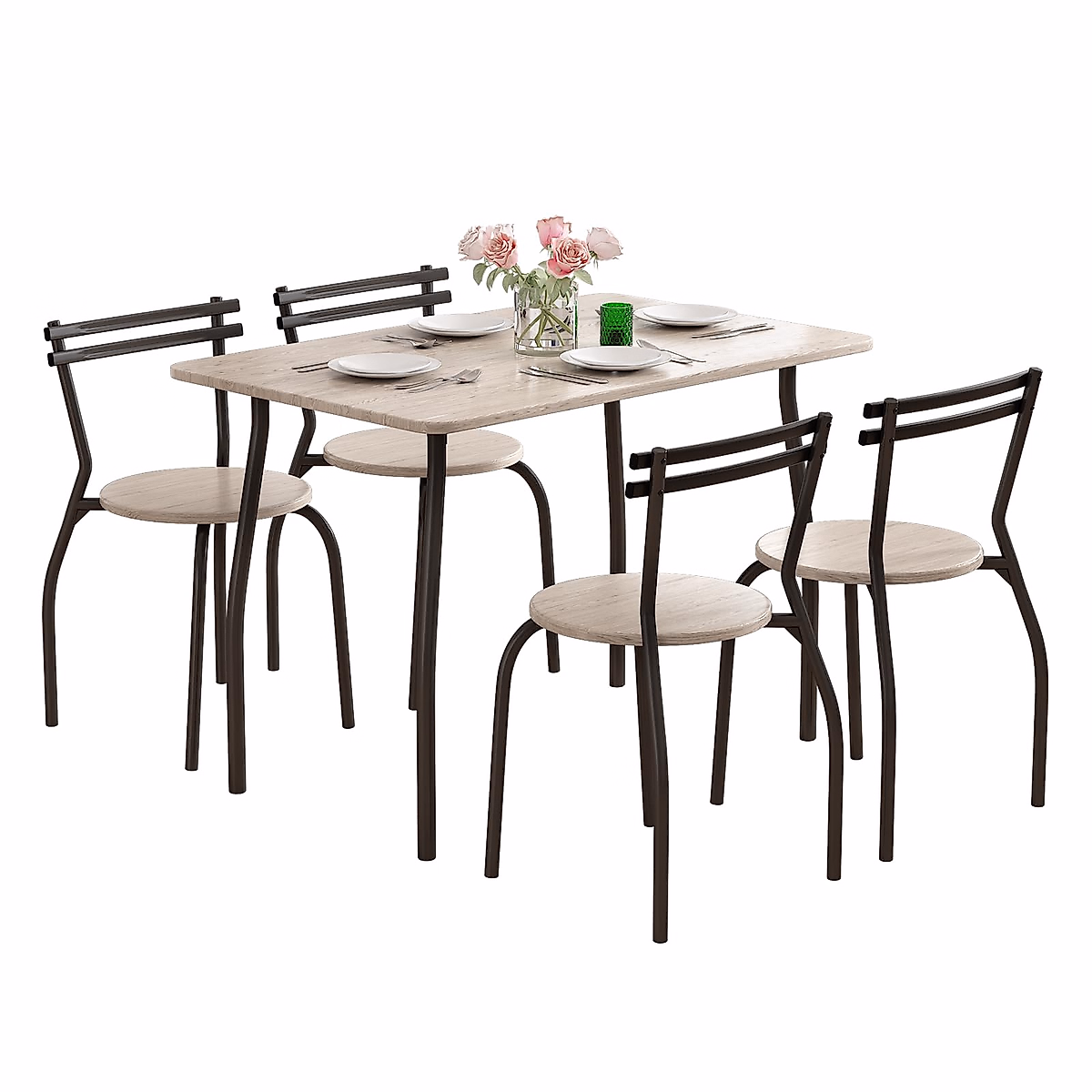 REHOOPEX Dining Table Set for 4, 5-Piece Kitchen Table and Chairs for 4, Metal Frame with Wood Top, Modern Small Dining Table Set Ideal for Dining Room, Small Space, Apartment (Black+Wood)