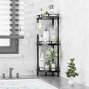 SWTYMIKI Corner Shower Caddy Standing - 3 Tier Stainless Steel Shower Organizer Stand with 4 Hooks & Soap Holder, Rustproof Metal Standing Tall Floor Shower Shelf and Bathroom Organizer, Black