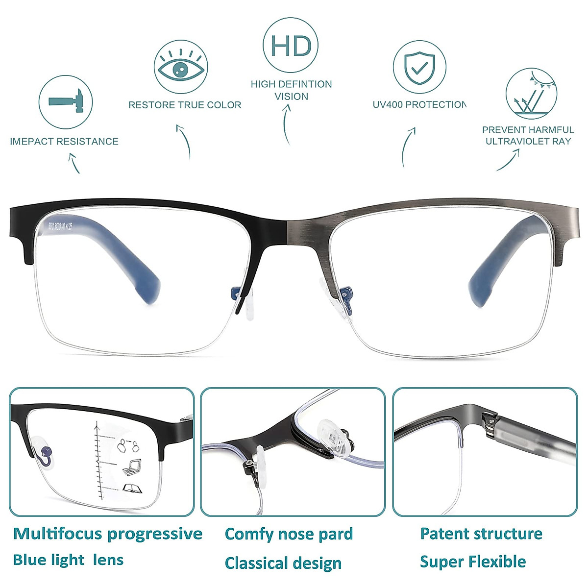 Multifocus Reading Glasses Men Progressive Multifocal Blue Light Computer Reader Half Frame Metal Extra Wide Eyeglasses No Line Bifocals Large Designer Cheaters Transition Square Eyewear 2packs 1.25