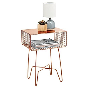 mDesign Steel Side Table Nightstand with Storage Shelf Basket for Bedroom, Living Room, Home Office; Rustic Bedside End Table, Industrial Modern Accent Furniture - Concerto Collection - Rose Gold