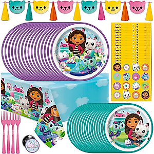 Unique Gabby's Dollhouse Party Supplies | Gabby Dollhouse Party Supplies | Gabby Doll House Party Supplies | Officially Licensed | Banner, Tablecover, Plates, Napkins, Button | Serves 16 Guests