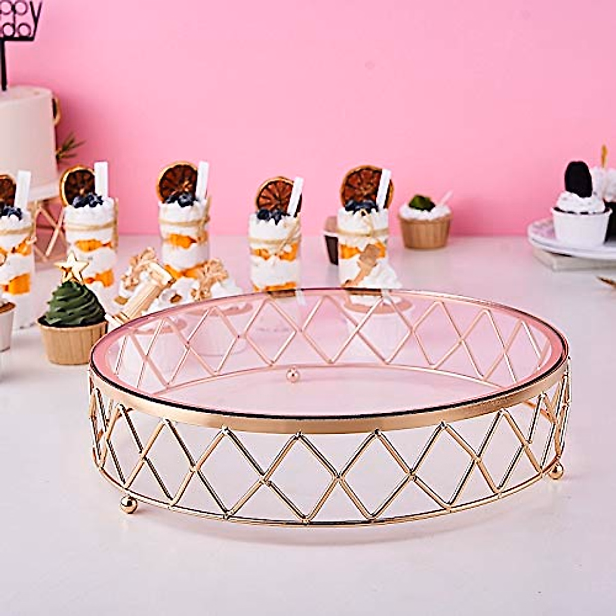 BalsaCircle Gold Clear 14-Inch Round Metal Glass Geometric Cake Stand - Wedding Birthday Party Dessert Pedestal Display Decorations