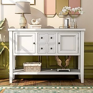 Aprilsoul Buffet Sideboard with Storage, Console Table with 4 Drawers, 2 Cabinets and Bottom Shelf for Livingroom Apartment Hallway, White