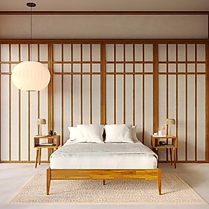 Bme Dinkee Queen Bed Frame Wood 15 Inch - Solid Wood Platform Bed Frame - Japanese Joinery Bed - Modern & Minimalist Style - Wood Slat Support - Easy Assembly - No Box Spring Needed - Caramel